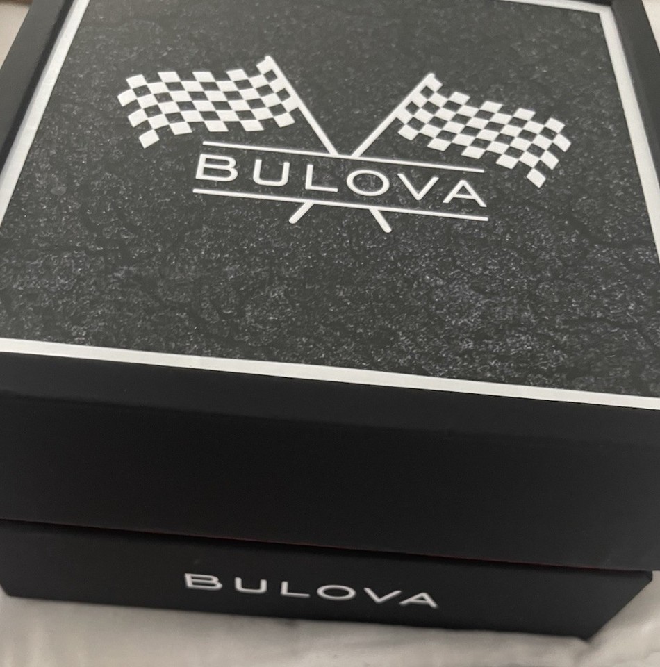 Bulova Racer Chronograph Leather Strap Black Dial Quartz 98B427 100M ...