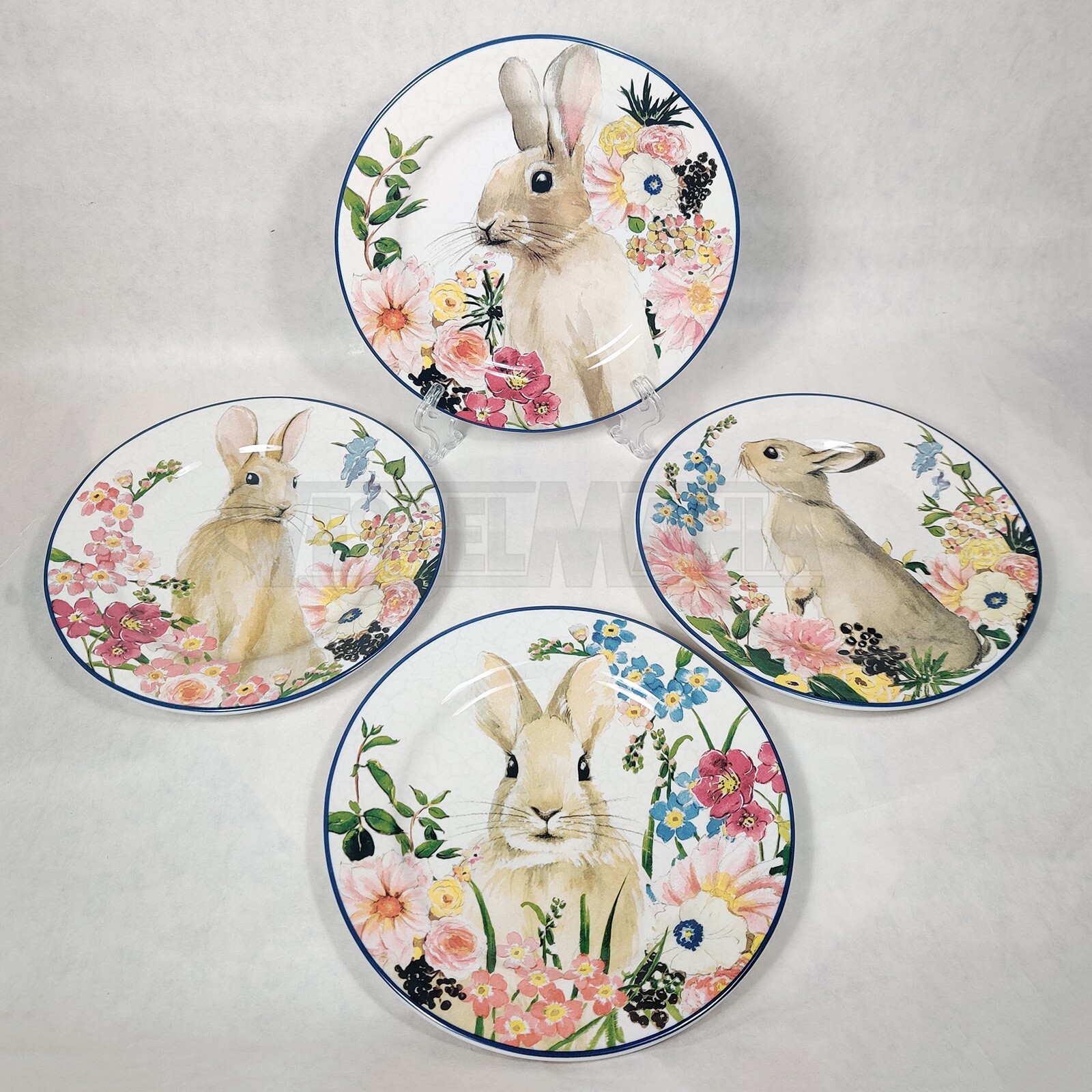 Pottery Barn Floral Bunny Salad Plates Set of 4 Stoneware Flowers ...