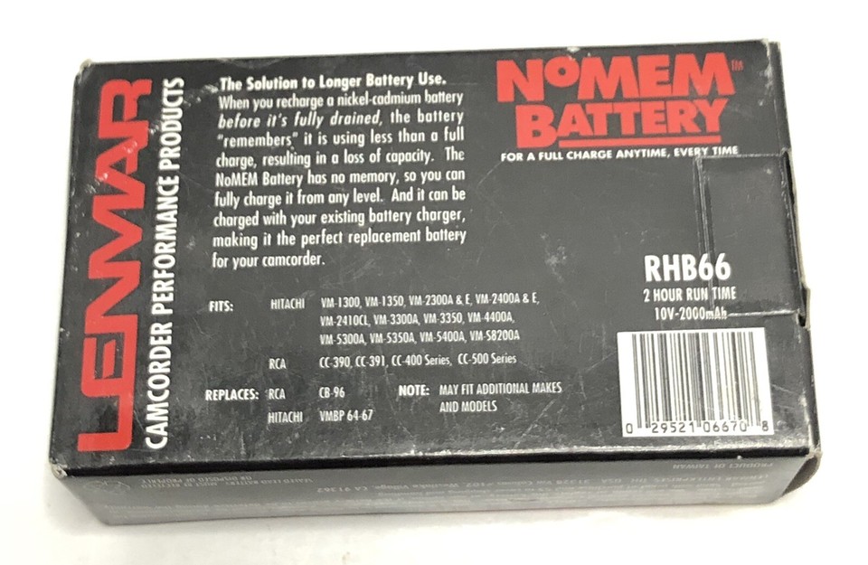 Vintage Lenmar RHB66 No Mem Battery VHS Camcorder Battery 10V New | eBay