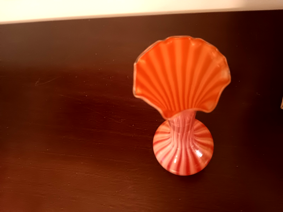 Vintage Peach Coral & White Swirl Art Glass Ruffled Rim Vase 8 In Tall ...