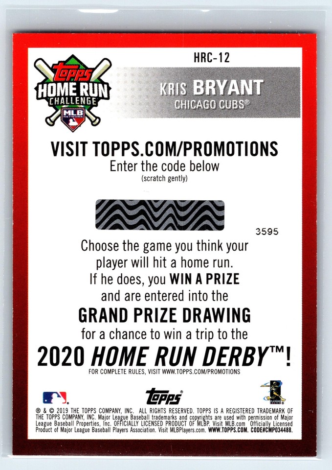 Kris Bryant 2019 Topps Home Run Challenge Codes Chicago Cubs #HRC-12 | eBay