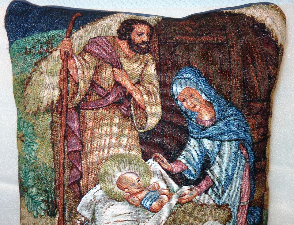 Beautiful Christmas Nativity Scene Creche Tapestry Accent Throw Pillow ...