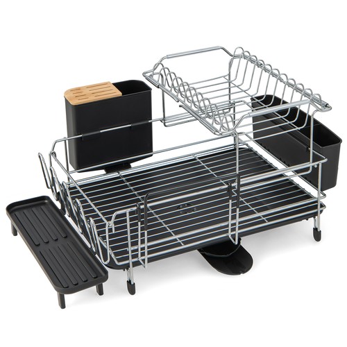 2-Tier Rust-Proof Dish Drying Rack w/Side Cutlery Rack&Top Dish Rack ...