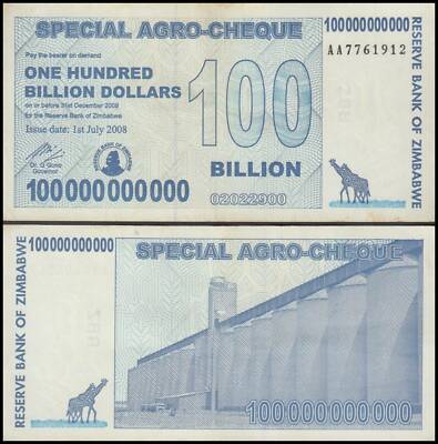 Zimbabwe 100 Billion Dollars Special Agro Cheque, 2008, P-64, Used | eBay