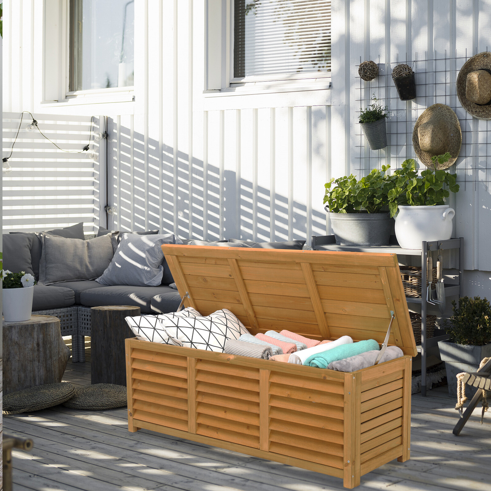 47 Gallon Outdoor Wooden Storage Box, Patio Deck Box for Yard | Porch ...