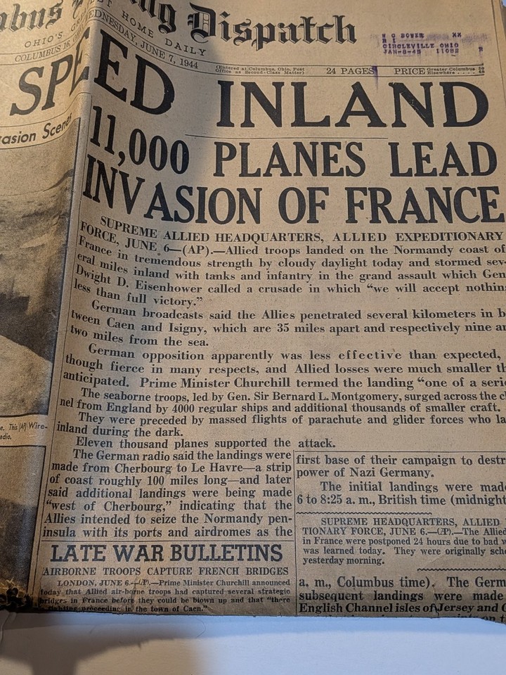 Columbus Evening Dispatch June 7 1944 WWII USA D-Day Invasion News ...