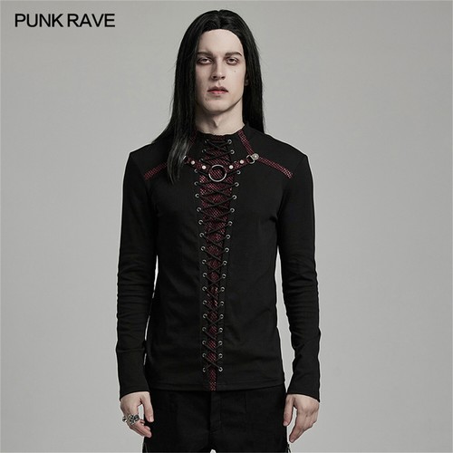 PUNK RAVE Black And Red Gothic Punk Mesh Splicing Long Sleeve Men T ...