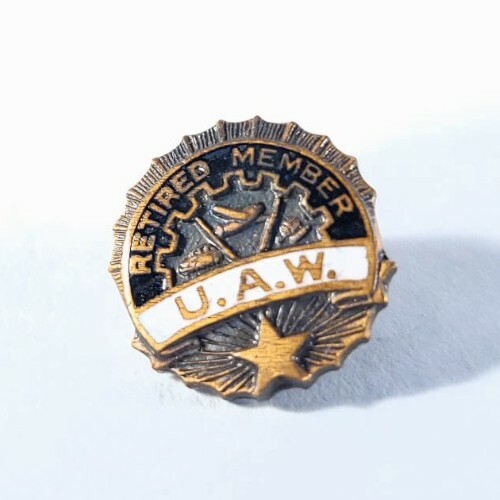 UAW Retired Member Brass (?) Enamelware Pin w/ Presentation Box | eBay