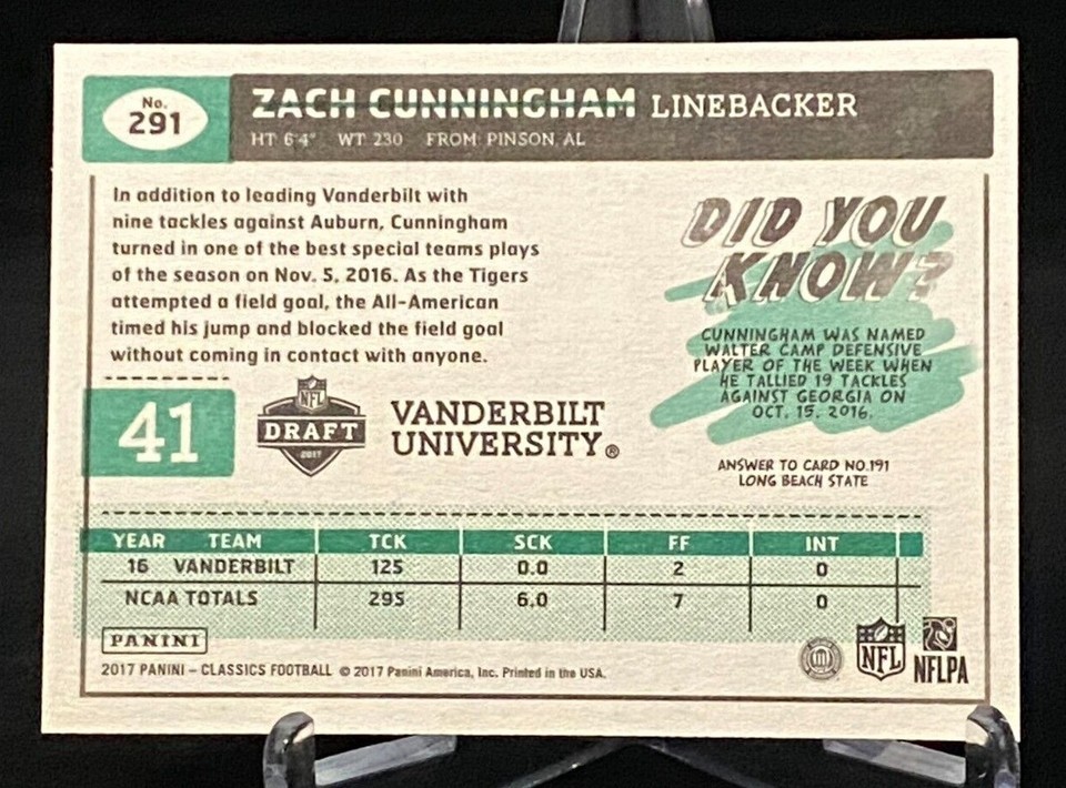 2017 Panini Classics Rookie Card #291 Zach Cunningham Vanderbilt ...
