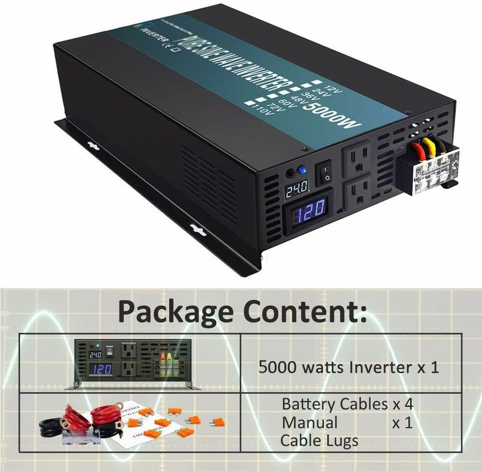 5000 Watt Power Inverter Pure Sine Wave 24V to 110V 120V Car Truck ...