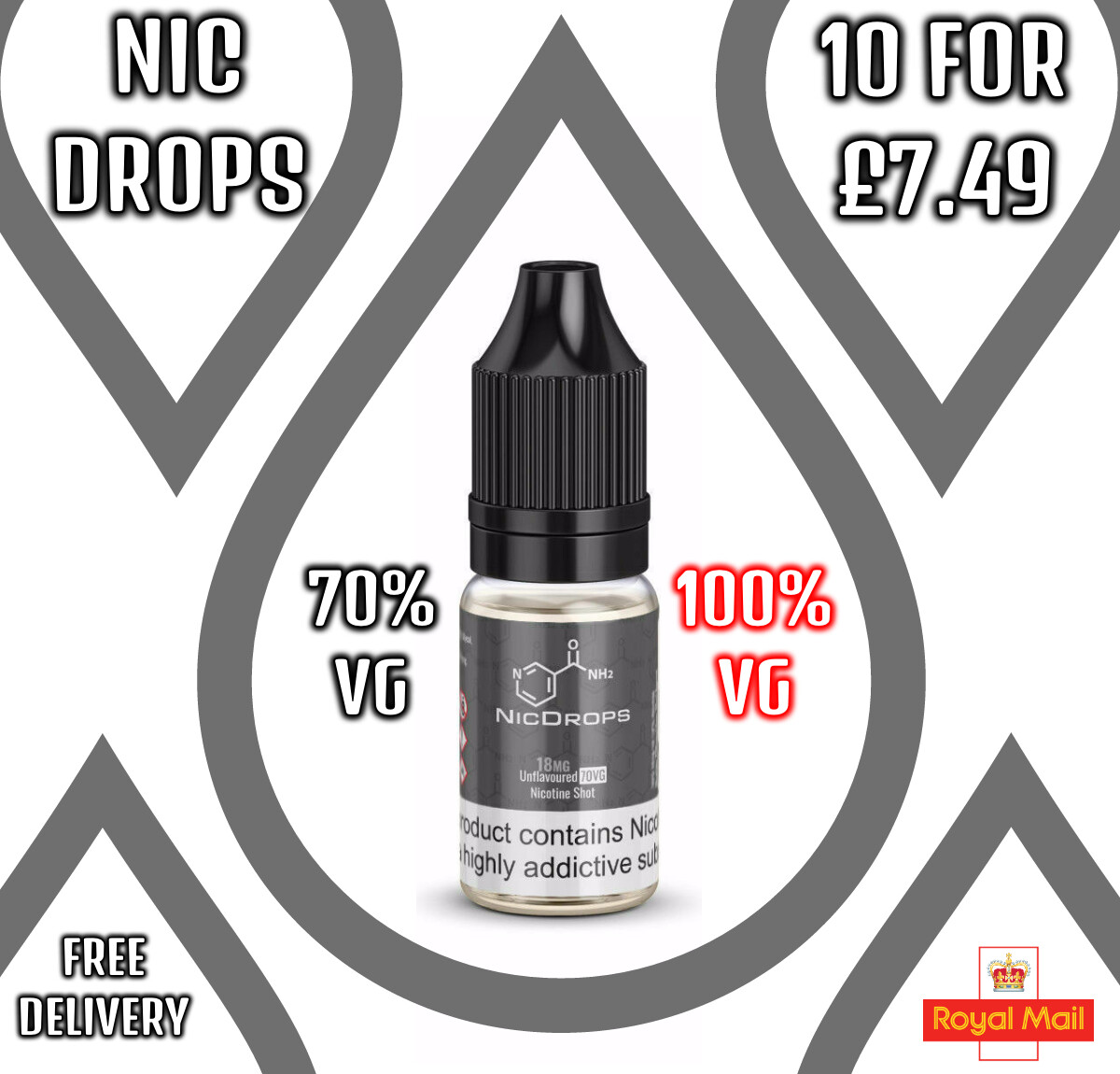 Nicotine Shots Nic Shot Drops E Liquid Vape Juice 10ml 18mg 70VG 100VG ...