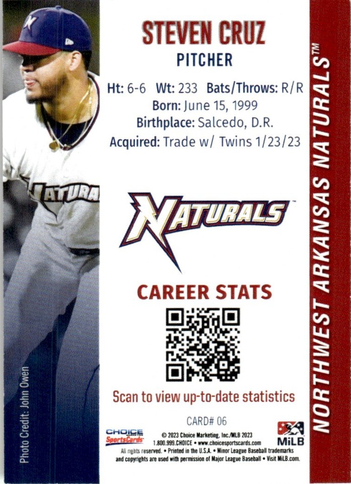 2023 Steven Cruz Choice Minor League Rookie Northwest Arkansas Naturals ...