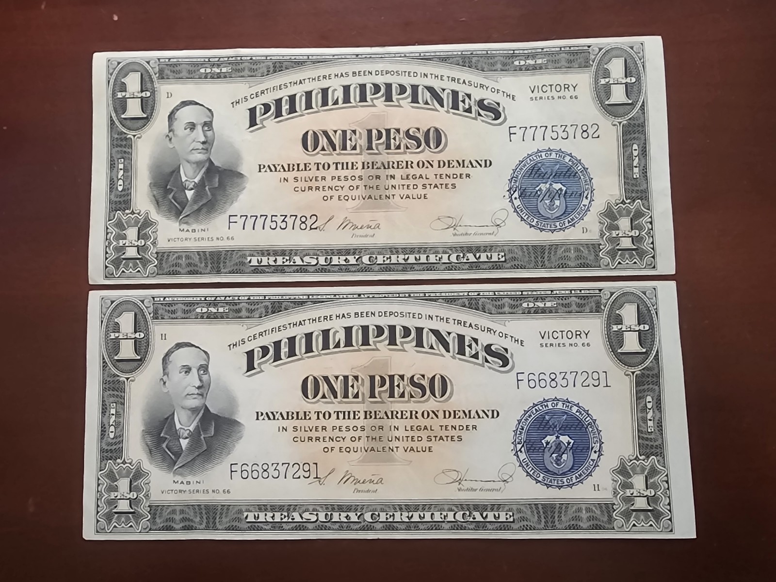 (1949) Philippines 1 Peso Victory Treasury Certificates 2 Banknotes ...