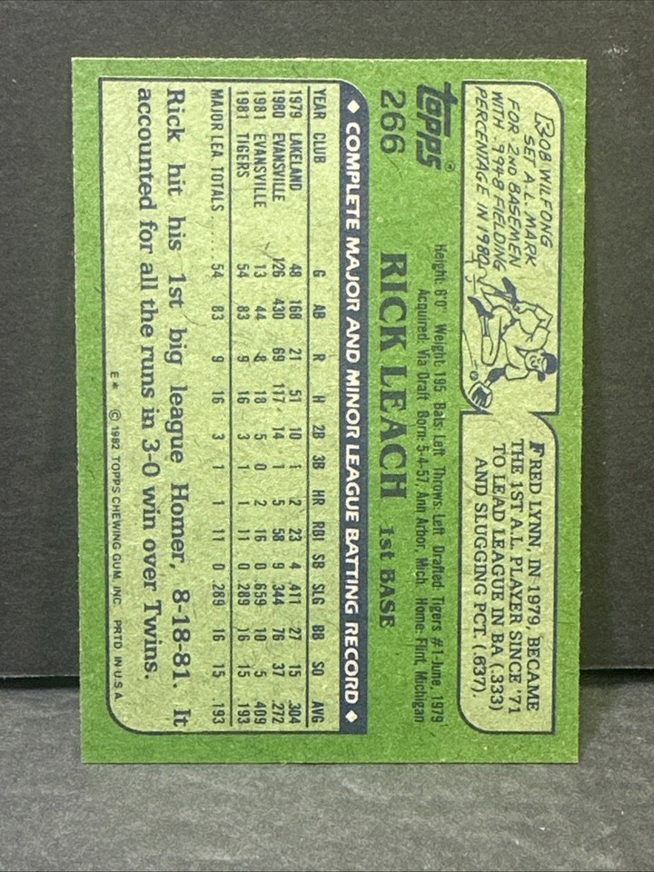 Rick Leach signed 1982 Topps Rookie #266 Detroit Tigers Auto Michigan ...