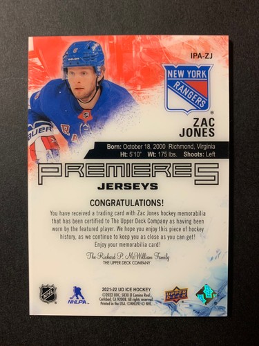 2021-22 Upper Deck Ice - Ice Premieres Jerseys #IPA-ZJ Zac Jones (MEM ...