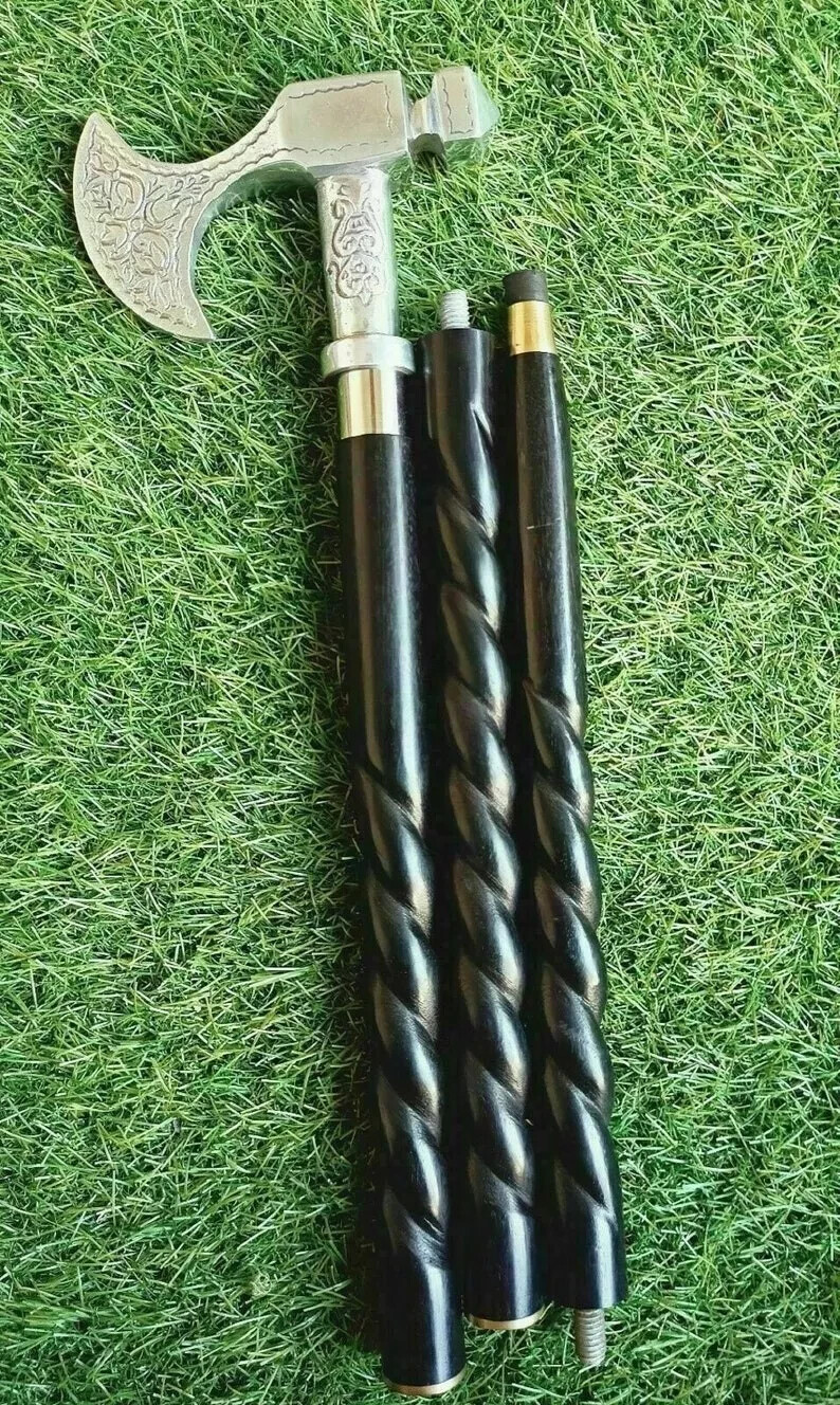 Axe head Handle Black spiral Wooden Walking Cane Stick - Gem