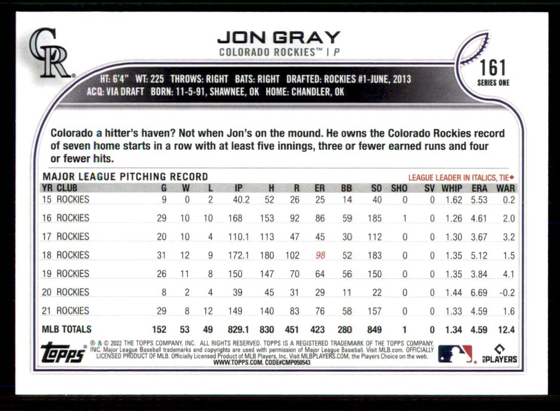 2022 Topps Baseball #161 Jon Gray | eBay