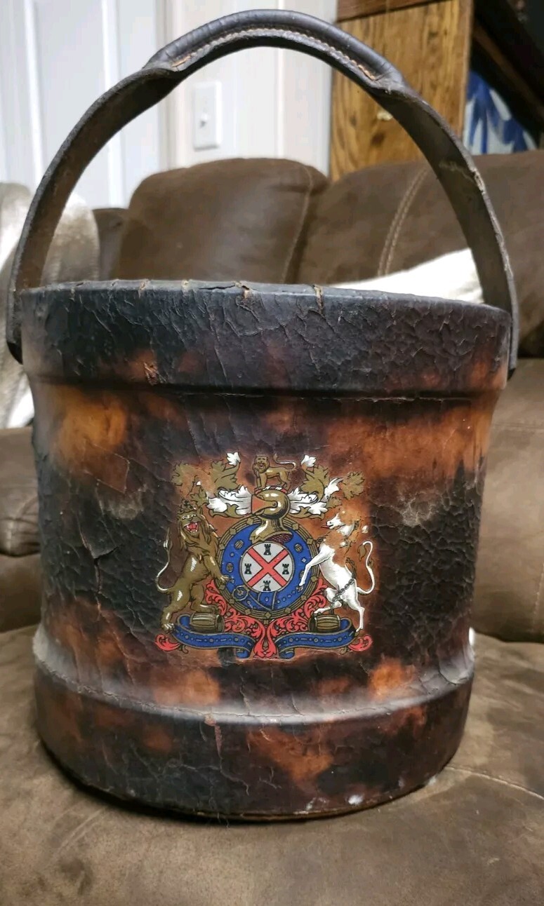 Antique English Leather Military Gunpowder Bucket / Shell Carrier ...