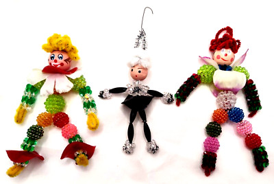 3 VTG Xmas Ornaments Beaded Handmade Circus Clowns 1960s Plastic Pipe ...
