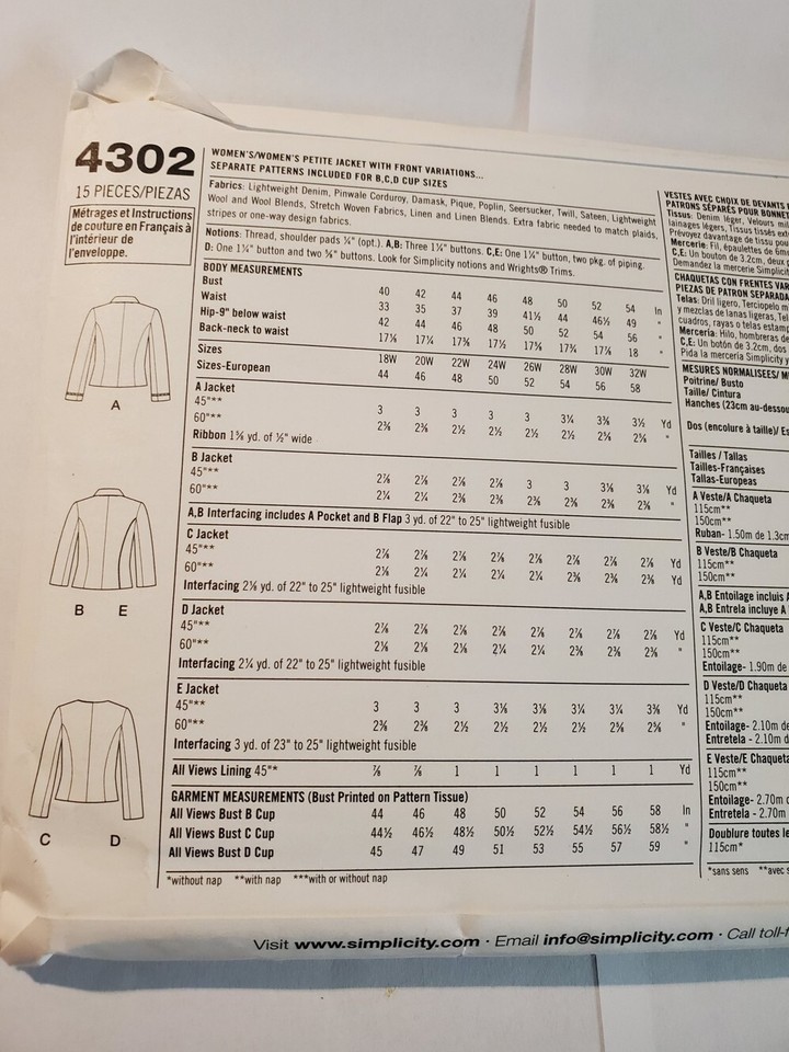 Simplicity Women's Plus Jacket Pattern Sizes 26 28 30 32 B C D Cup ...