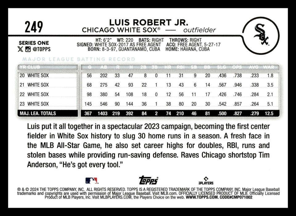 2024 Topps ASG All-Star Game Foil #249 Luis Robert Jr. Chicago White ...