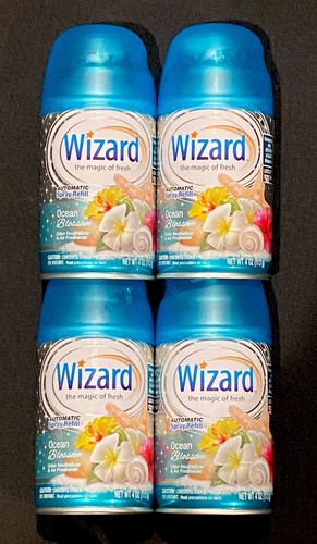 4 PACK Wizard Automatic Spray Refills OCEAN BLOSSOM, Fits Glade/Airwick ...