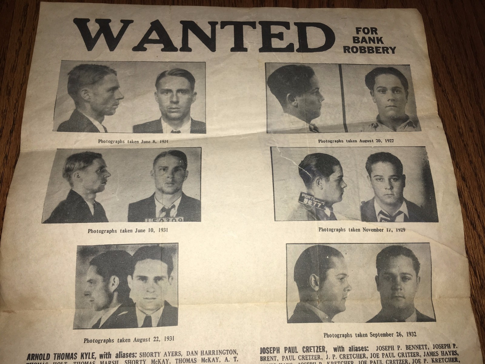 1930's DEPRESSION ERA OUTLAWS CRETZER -KYLE GANG FBI WANTED POSTER *PLS ...