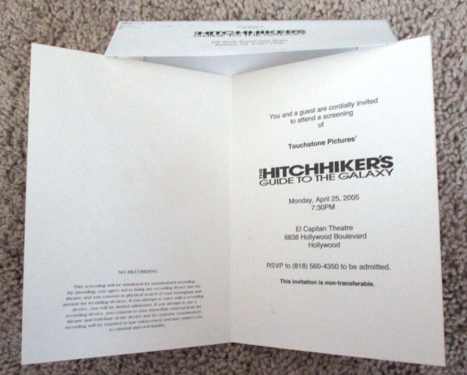 THE HITCHHIKER'S GUIDE TO THE GALAXY MOVIE SCREENING INVITATION DOUGLAS ...