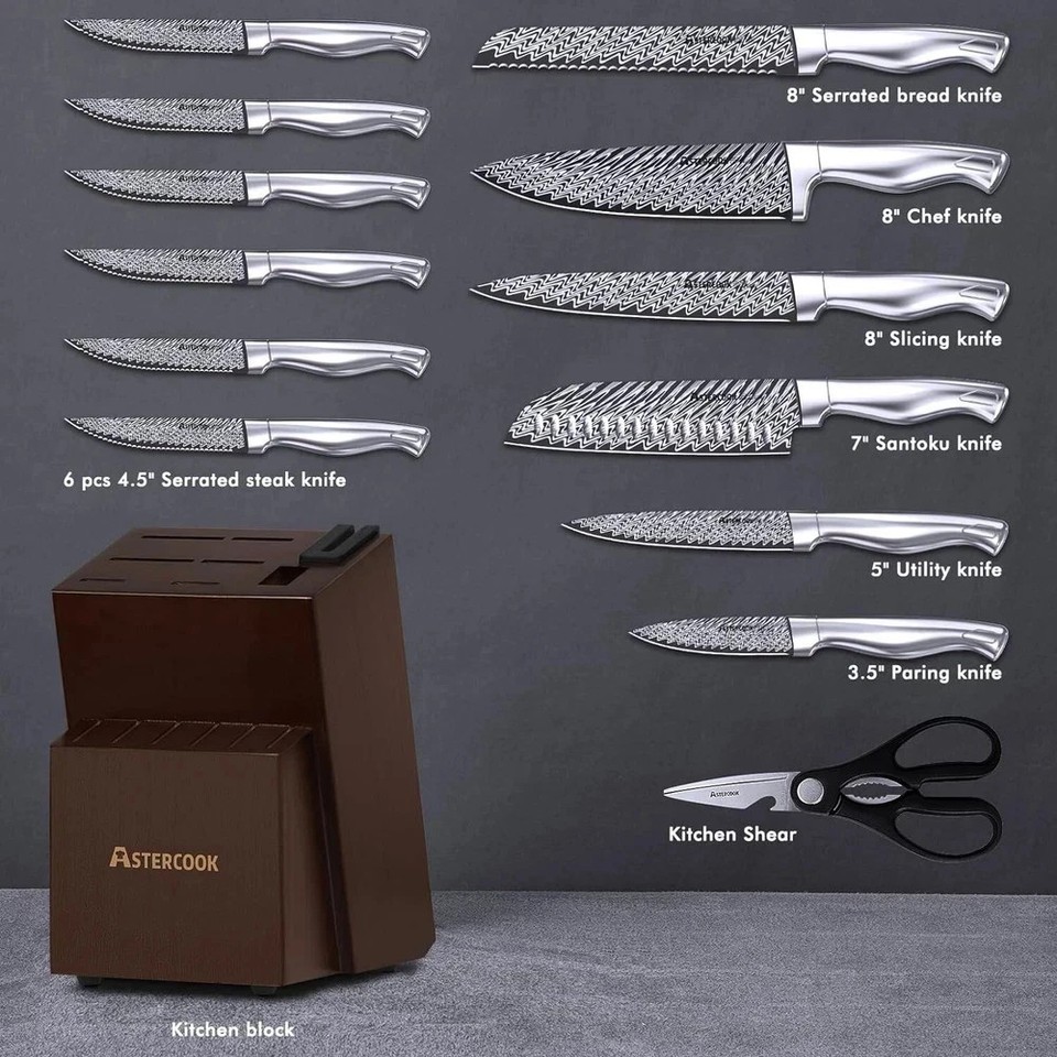 15-Piece Kitchen Knife Set with Wooden Block German Stainless Steel ...