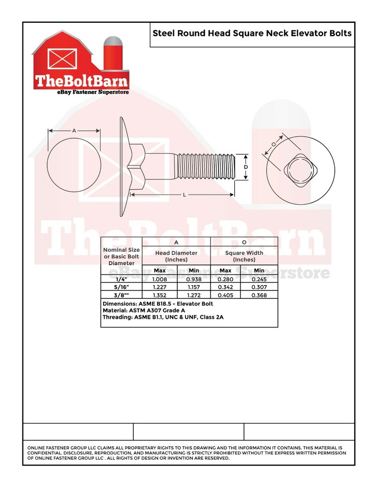 1/4"-20 Round Head Square Neck Elevator Leveling Bolts Zinc (Pick ...
