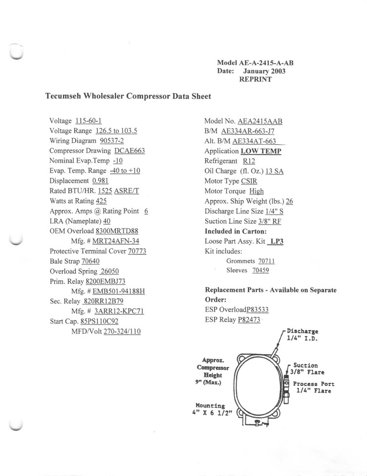 Tecumseh Compressor AEA2415AAB, AE334AR-663-J7, Low Temp, R12 | eBay