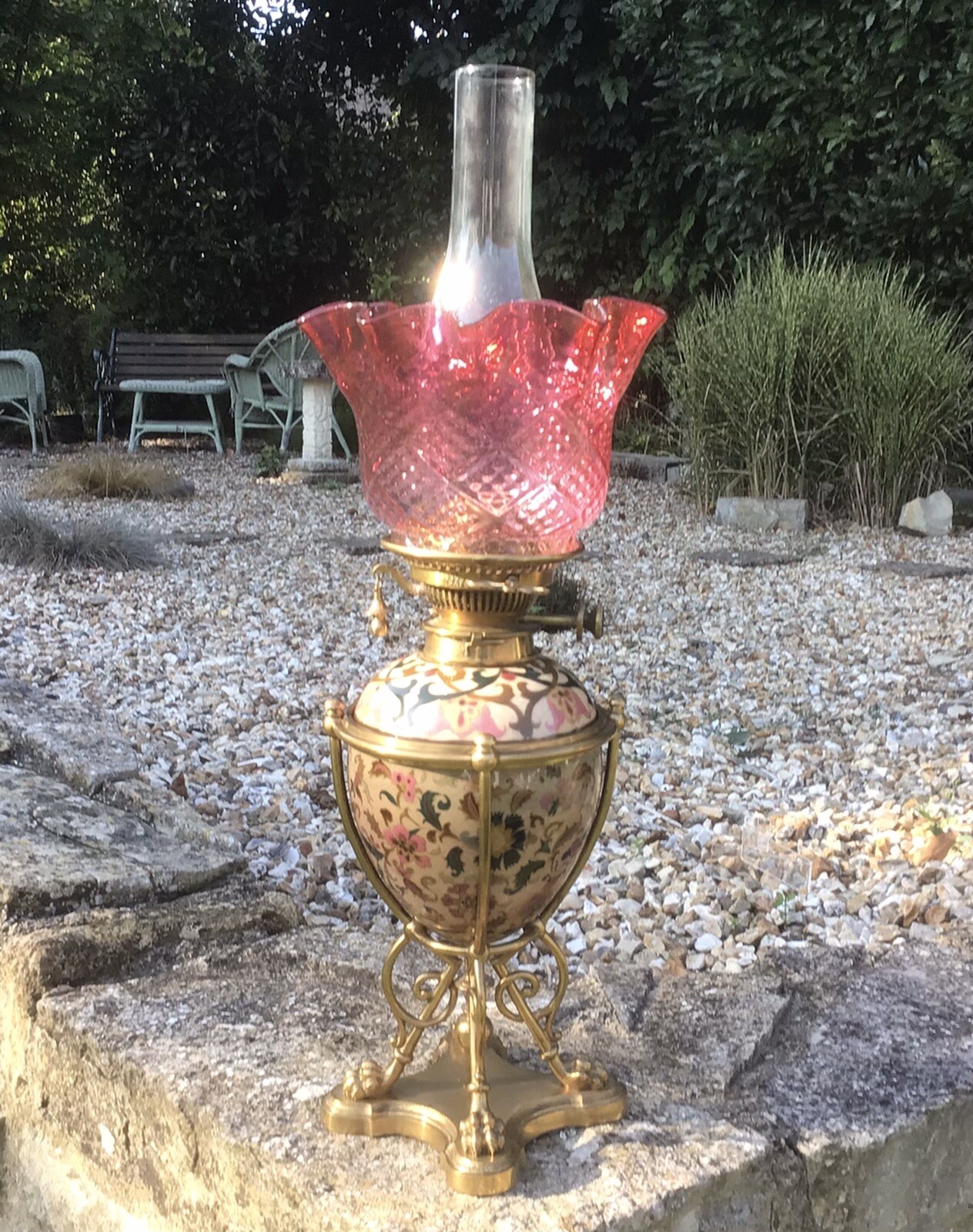 Antique Oil Lamp Zsolnay Persian Style Messengers No.2 Burner Cranberry ...