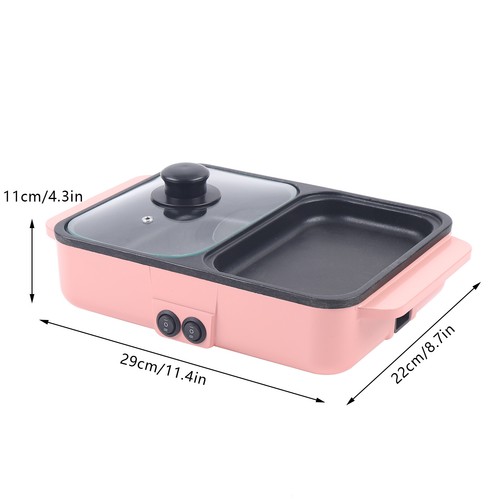 Pink 2 in 1 Electric Hot Pot Kitchen Smokeless Non-stick Baking Pan BBQ ...