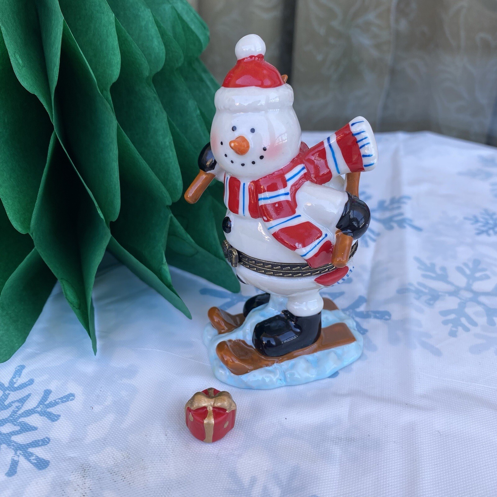 Snowman Skiing Porcelain Hinged Trinket Box w Present Hand Painted 4.25 ...