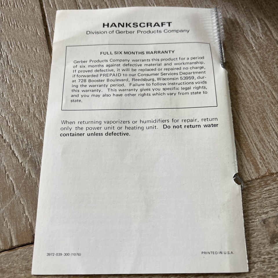Hankscraft 3972-A Cool Vapor Mist Humidifier Vaporizer Air Moisturizer ...