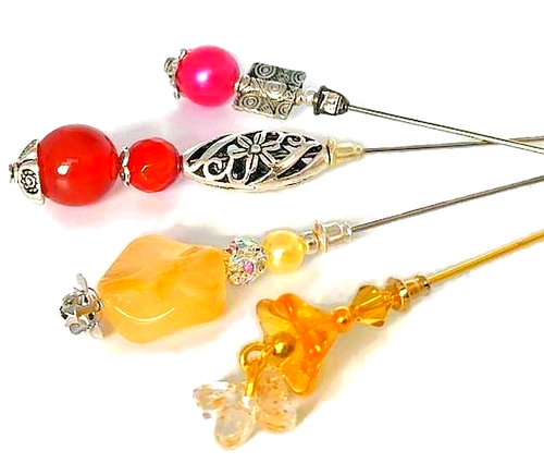 4 x HAT PINS LAPEL PINS/SHAWL HIJAB PINS Shell Pearl -Orange Agate ...