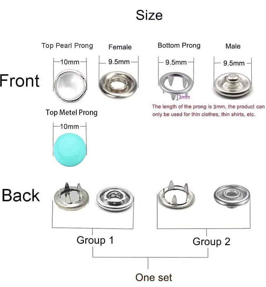 200 Sets Snap Fasteners Kit 10mm Pearl Like 10 Colors Metal Buttons ...