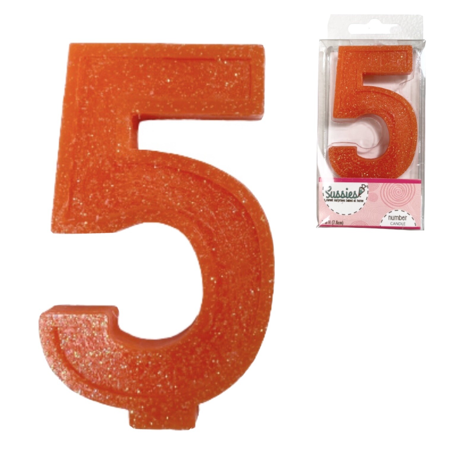 Large Number Candle Big 5 5th Birthday 3” Orange Sparkle Glitter Art ...