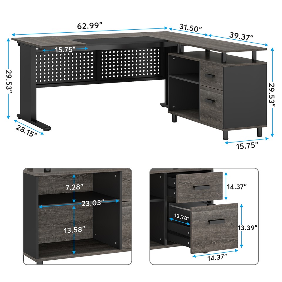 63" Executive Desk w/ File Cabinet, Large Computer Desk Workstation ...