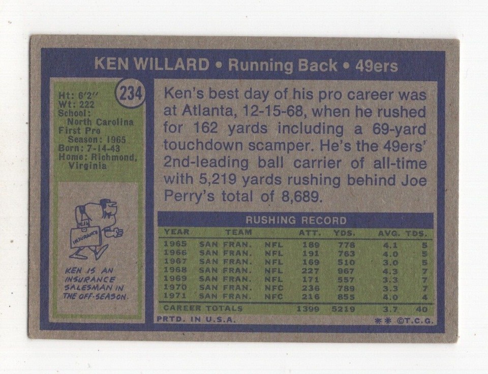 1972 TOPPS FOOTBALL ROOKIE KEN WILLARD SAN FRANCISCO 49ERS #234 | eBay