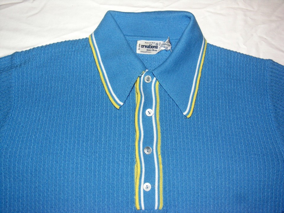 VINTAGE 60s Blue Atomic Mod Knit Acrylic Polo Shirt Mens Small | eBay