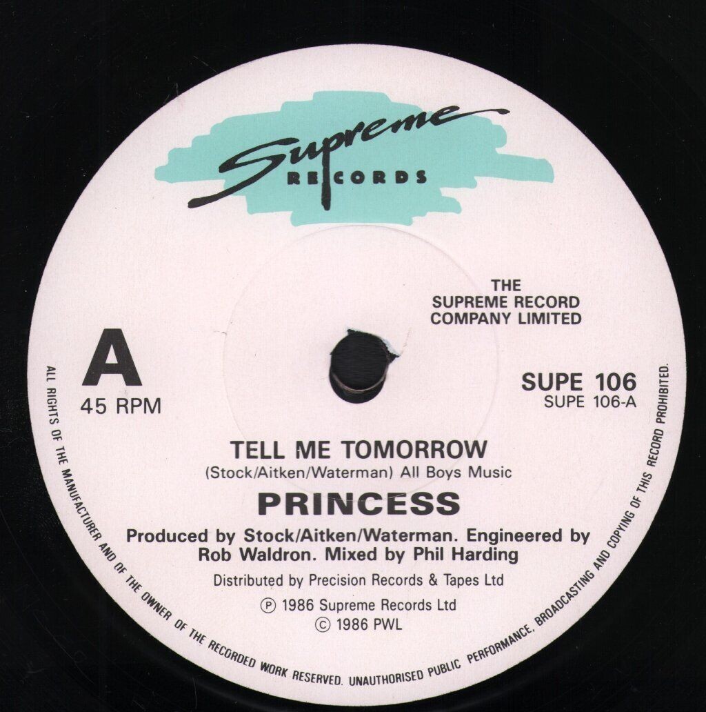 Princess Tell Me Tomorrow 7" vinyl UK Supreme 1986 Black vinyl with pic ...