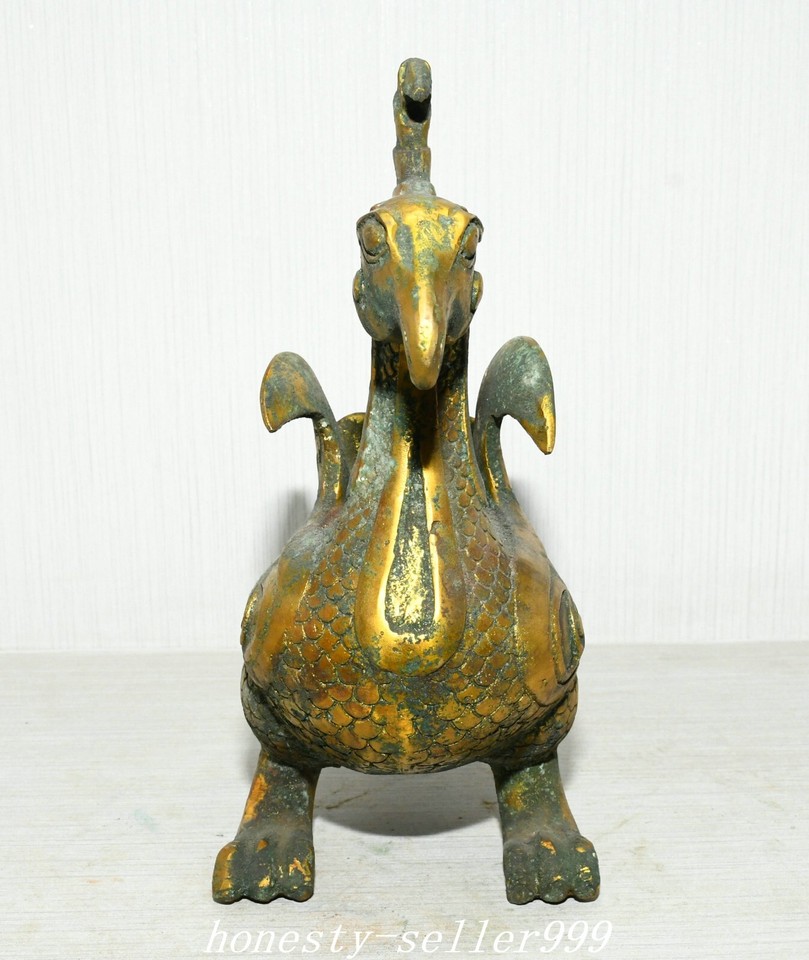 12.9" Old China Dynasty Bronze Ware Gilt Inscription Phoenix Bird Beast ...