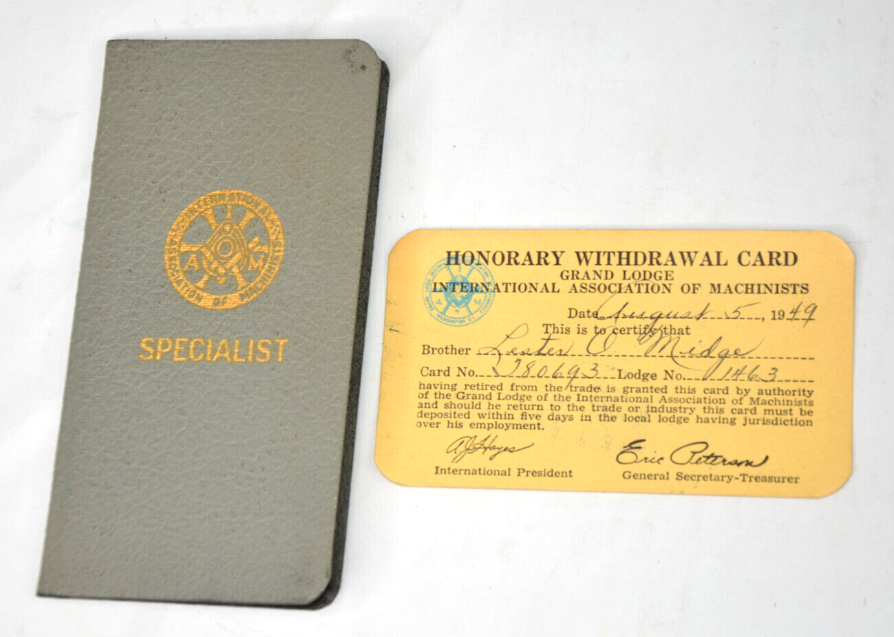 International Association Of Machinists card Certificate 1949 ...