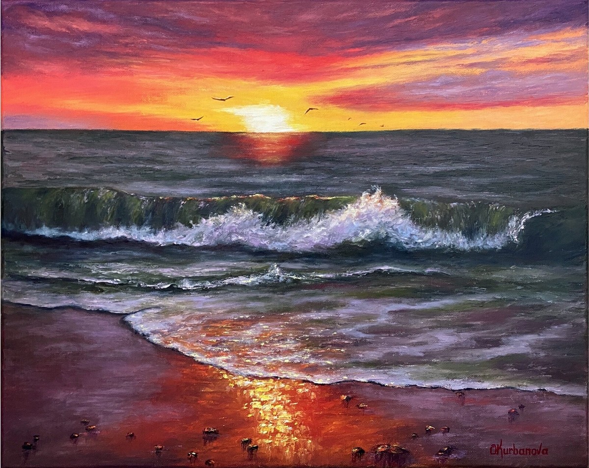 Ocean Sunset Oil Paintings Beach Sunset Painting Stock Photos, Images
