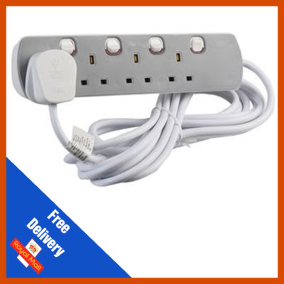 GREY SWITCHED 4 GANG EXTENSION LEAD CABLE 1M/2M/3M/5M/10M 13A PLUG ...