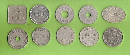 #D341. NINE(9) DIFF. NEWCASTLE & TAREE AREA BREAD TOKENS PLUS A MILK ...
