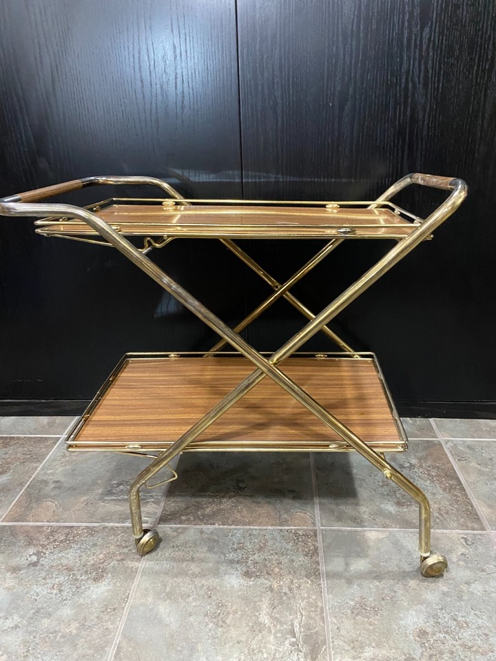 MCM Folding Bar Cart Gold Metal Wood Grain Serving Cart 27” Vintage | eBay