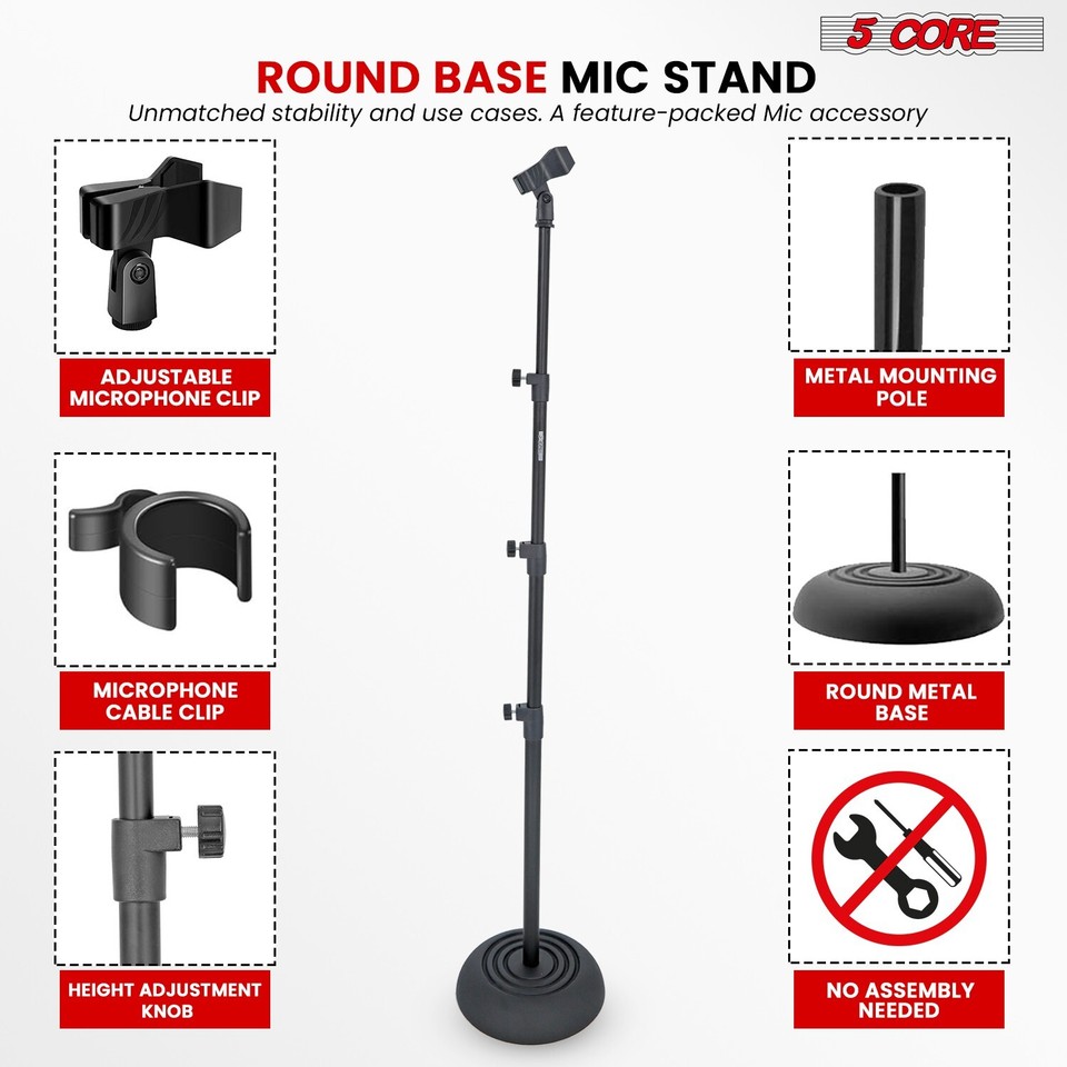 5Core Mic Stand Floor Adjustable Round Base Universal Metal Microphone ...