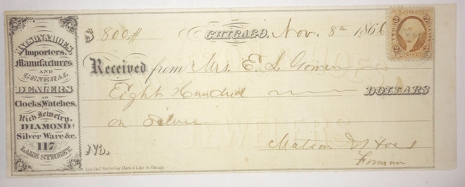 1860 Vintage $800 Receipts From Matson & Hoes Rich Jewelry Diamond ...